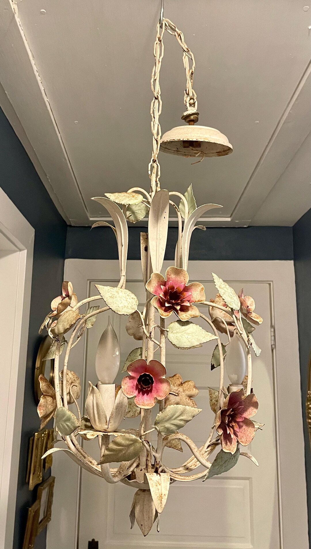 Vintage/shabby Chic Tole Style Chandelier With Pink Flowers and Green ...