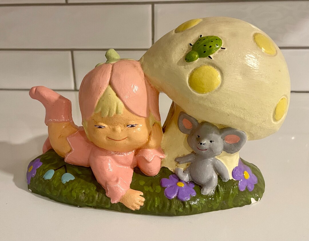 Vintage 1970s Garden Pixie Elf Handmade Plaster Figurine With Mushroom ...