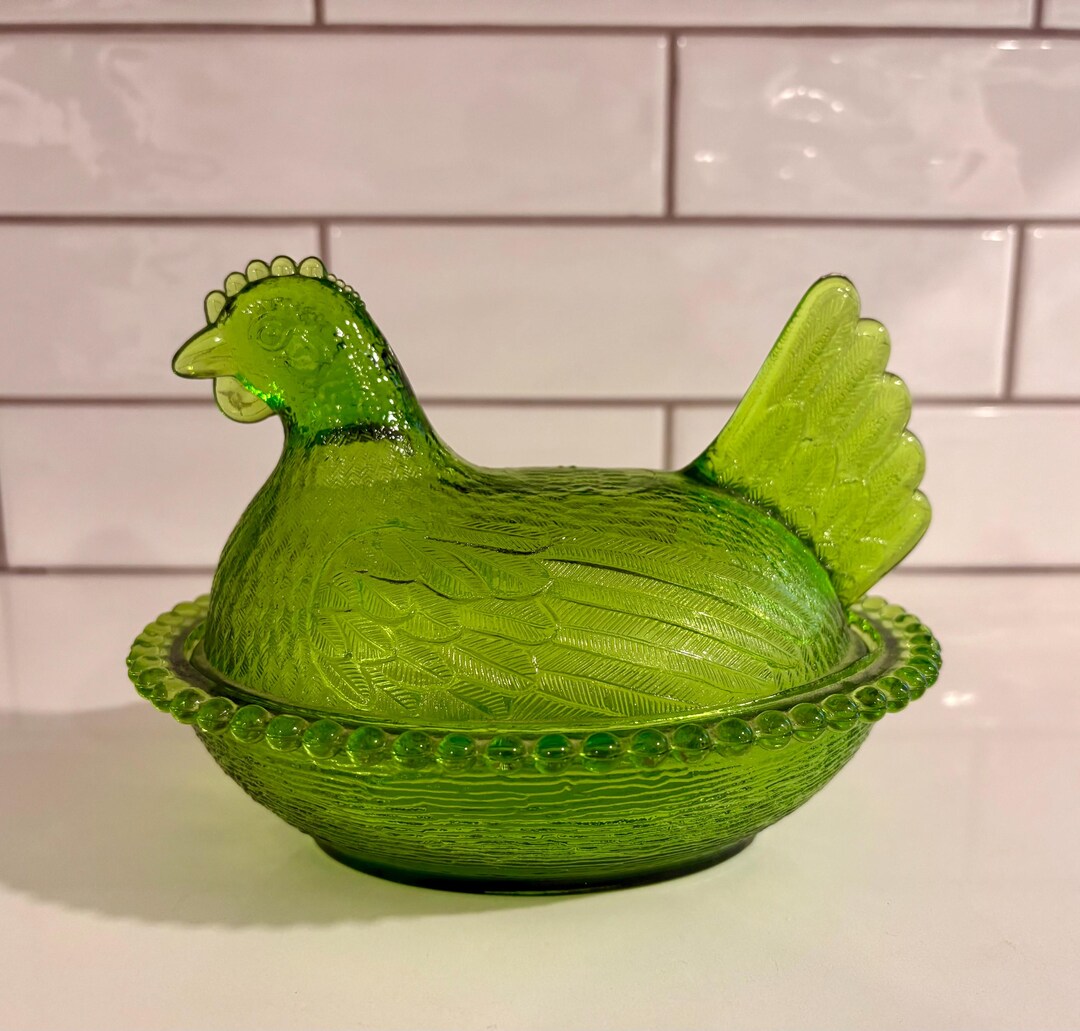 Vintage Olive Green Glass Hen on Nest Candy or Trinket Dish - Etsy