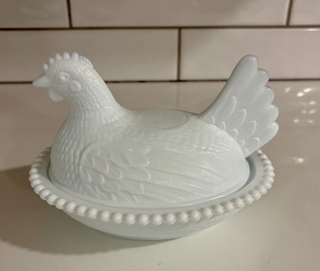 Vintage Milk Glass White Hen on Nest Candy or Trinket Dish - Etsy