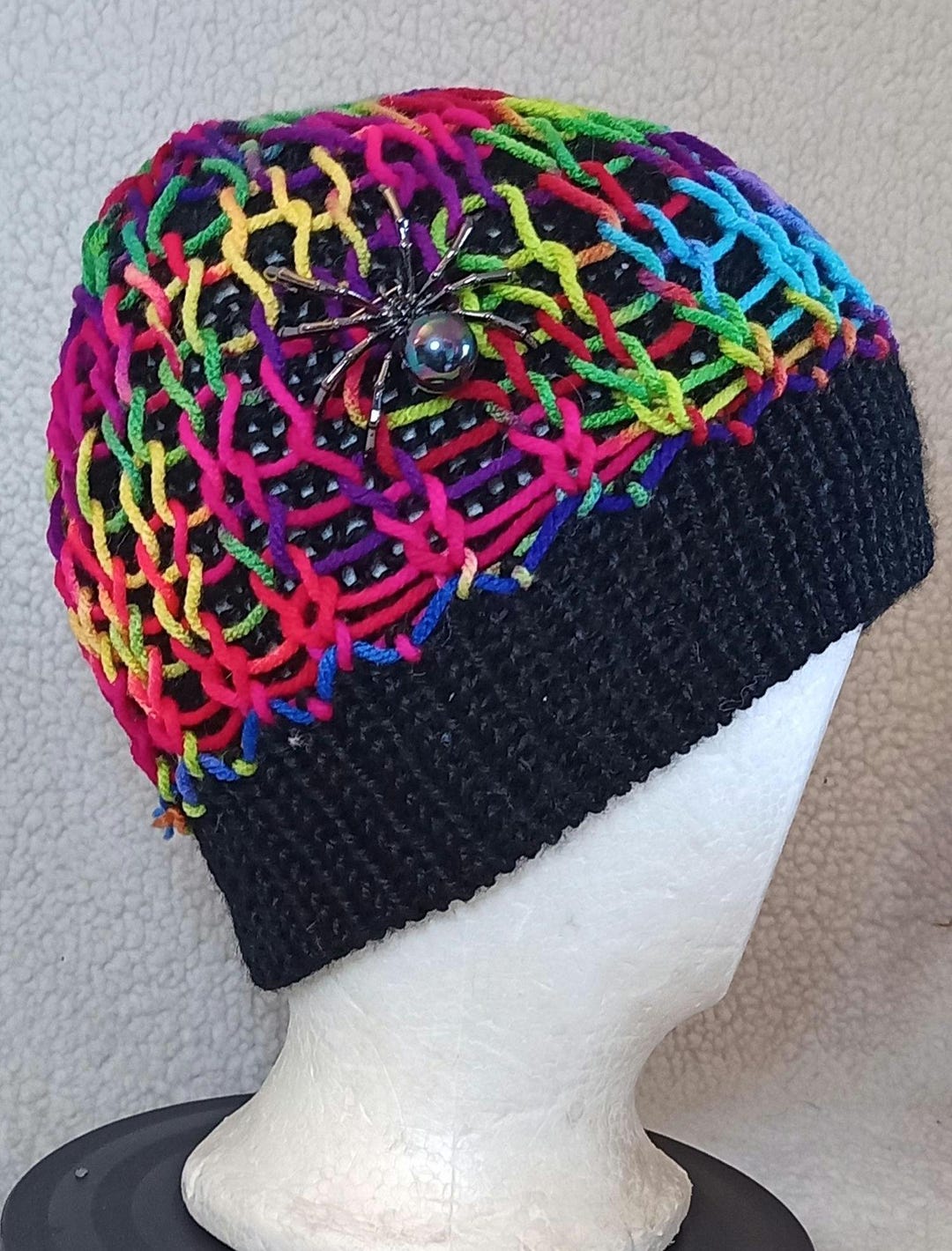 LTD RAINBOW EDITION Handmade Knit Spider on the Web Beanie Hat Adult ...