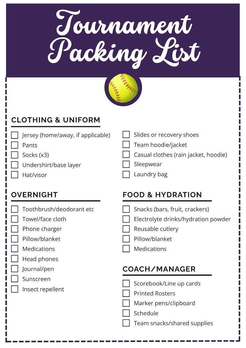 Softball Tournament Packing List Template – Editable Canva Template - Etsy