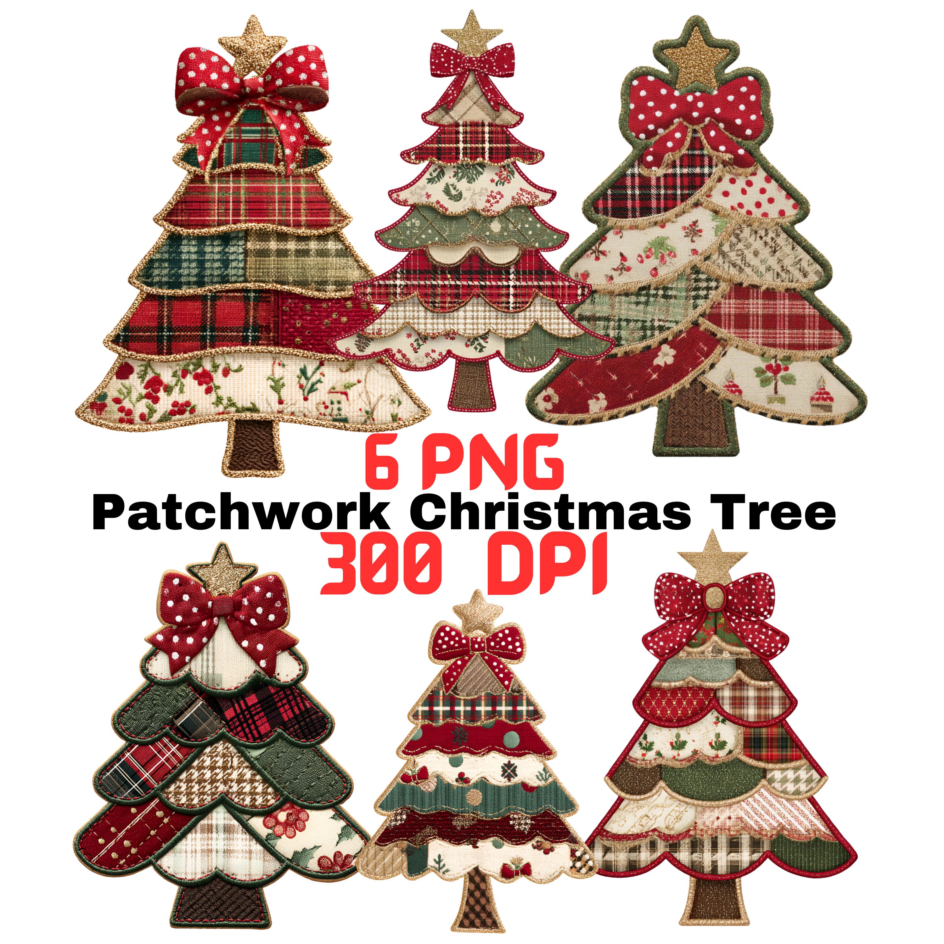 Patchwork Christmas Tree PNG Bundle, Quilted Holiday Clipart, Coquette ...