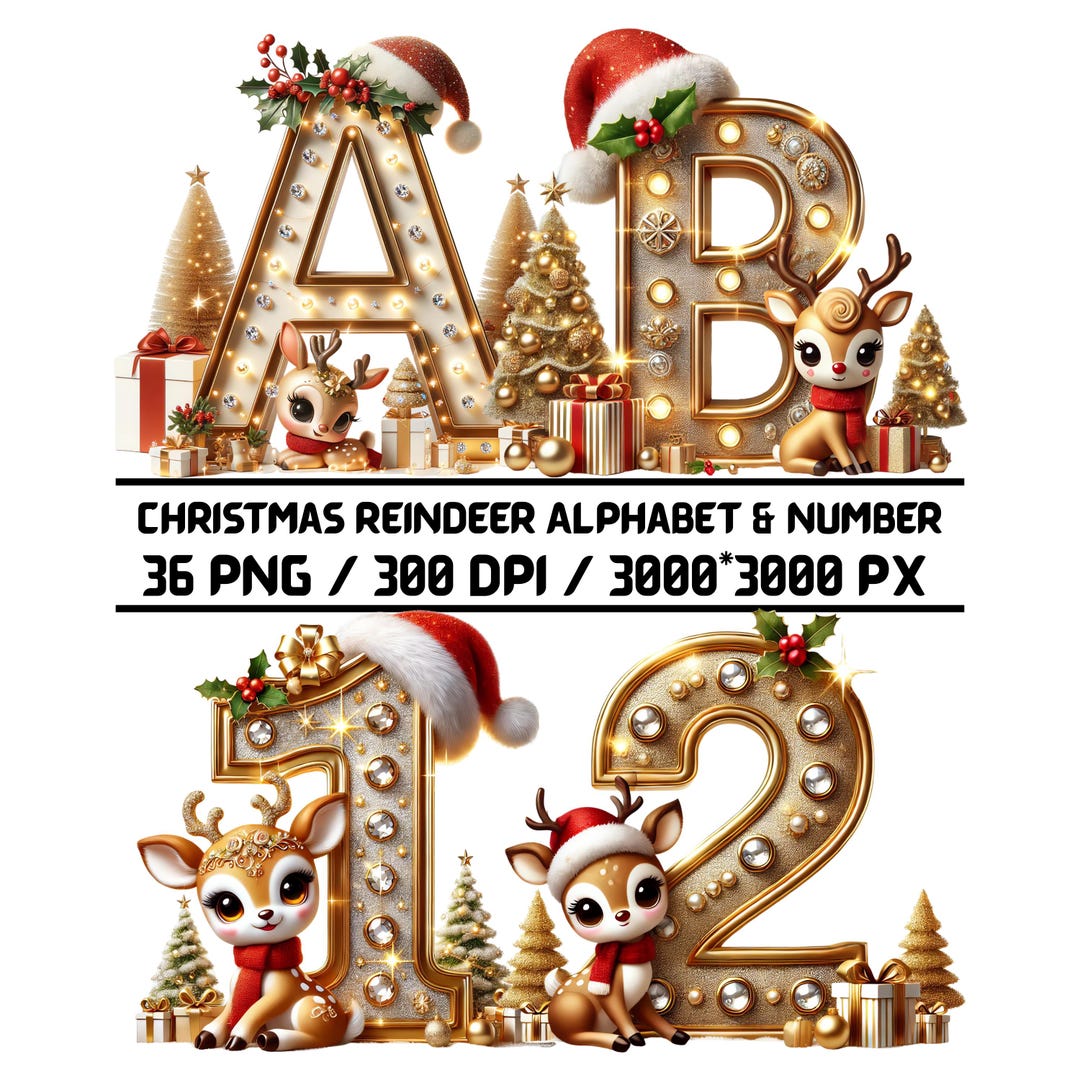 Christmas Reindeer Alphabet, Gold Letters & Numbers Clipart,diy ...