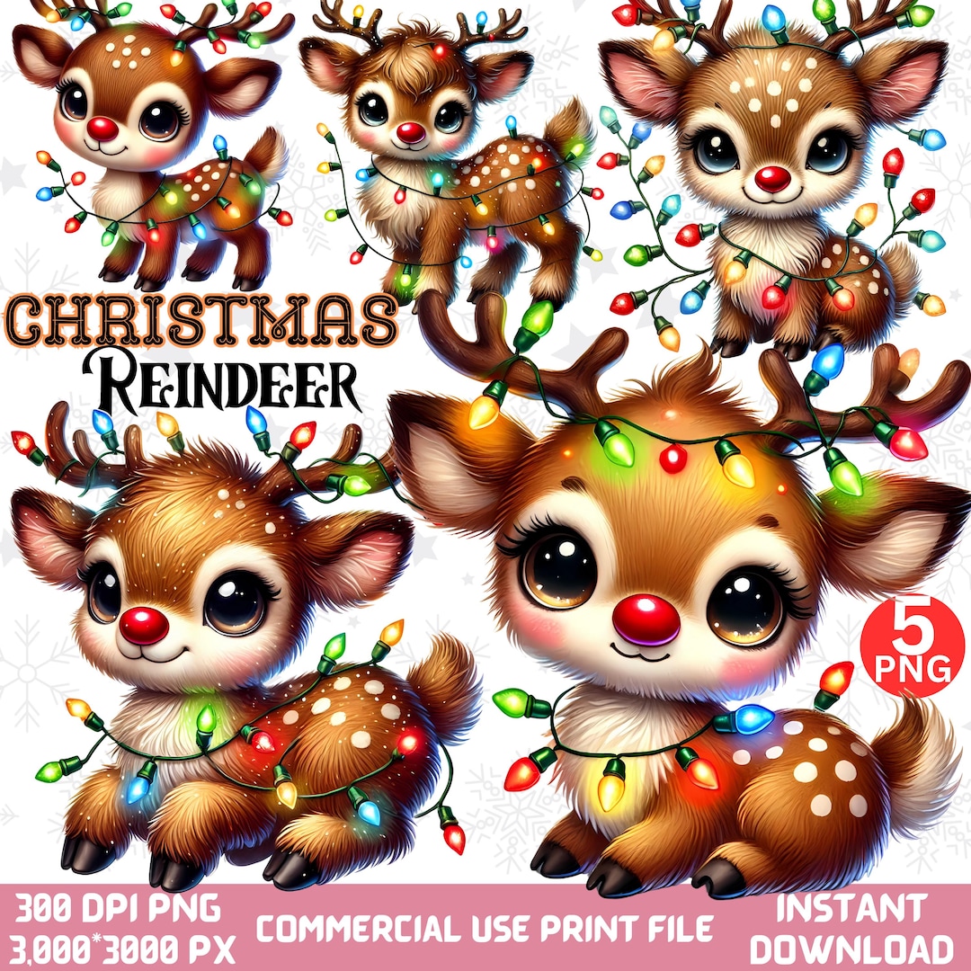 Cute Reindeer 5 Png Clipart Set, Christmas Deer, Watercolor Santa ...