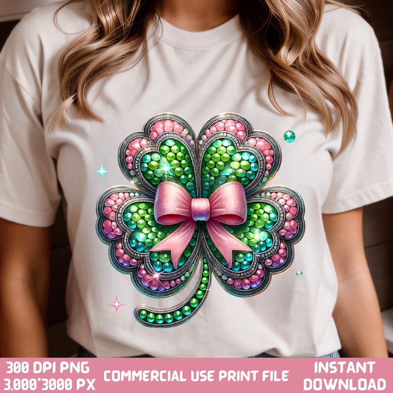 Sequin Shamrock Clipart, Watercolor Clover With Pink Bow, Sublimation ...