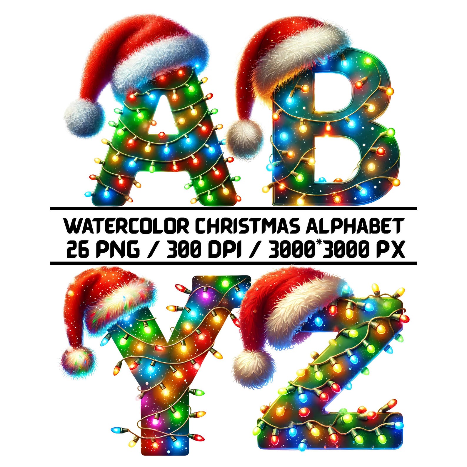 Watercolor Christmas Alphabet PNG, Doodle Letters Clipart Set, Festive ...