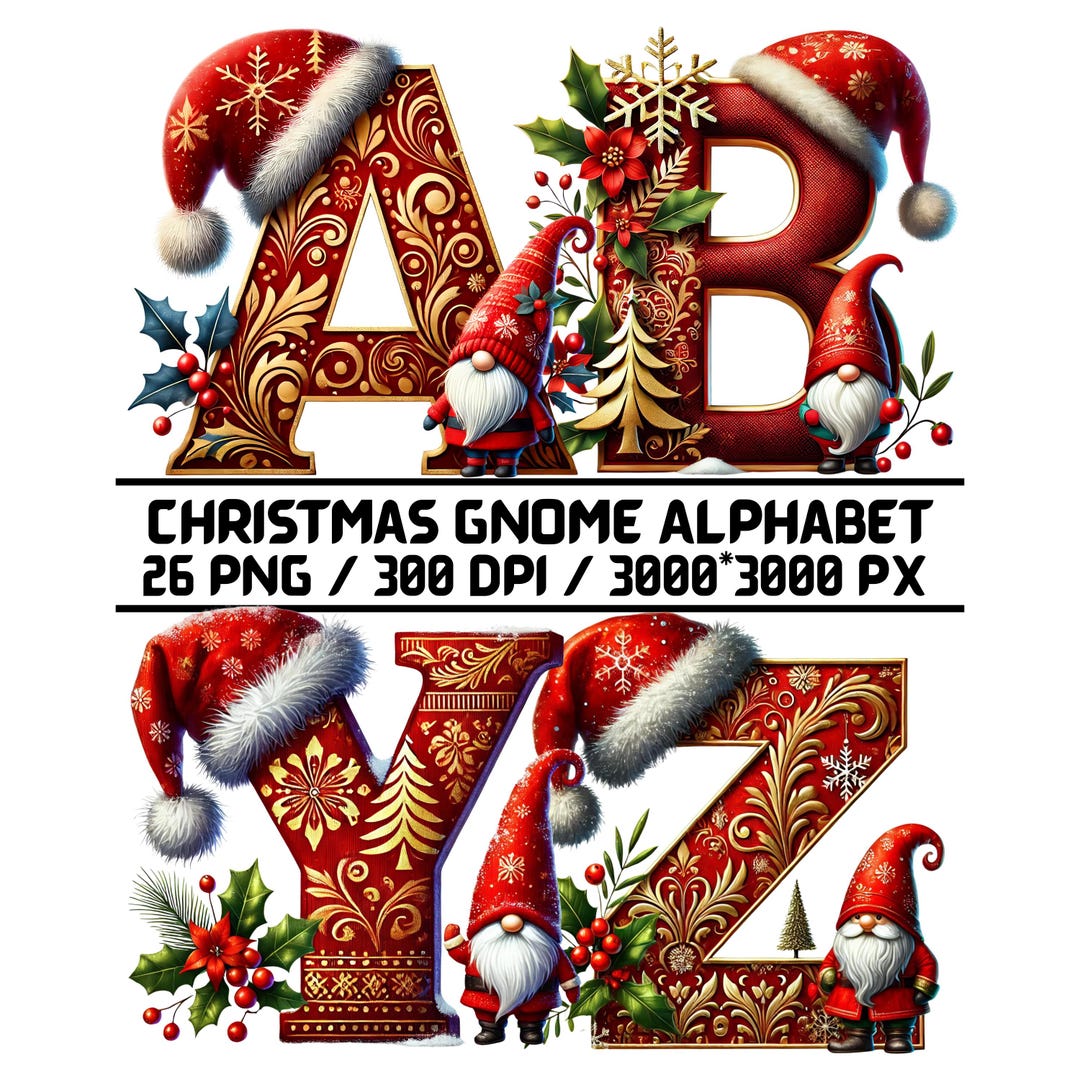Christmas Alphabet PNG, Gnome Clipart Letter, 26 Xmas Holiday ...