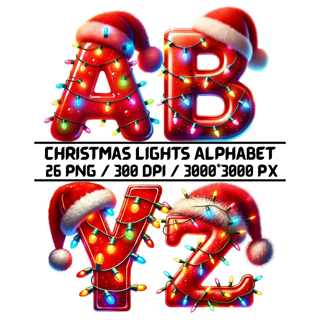 Christmas Lights Alphabet PNG Bundle, Santa Hat Letters Clipart ...