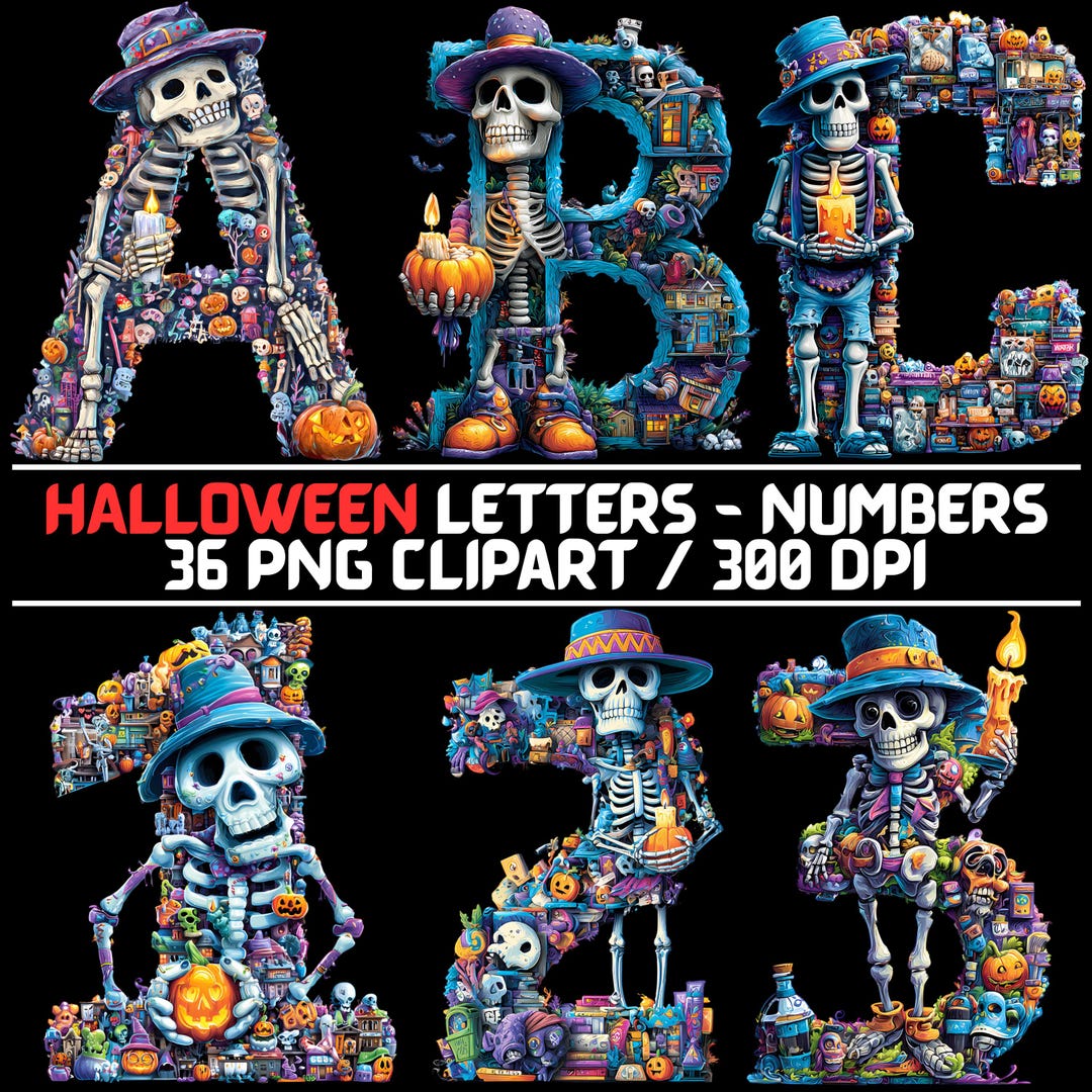 Halloween Skeleton Alphabet & Numbers PNG, Spooky Font Clipart 300 DPI ...
