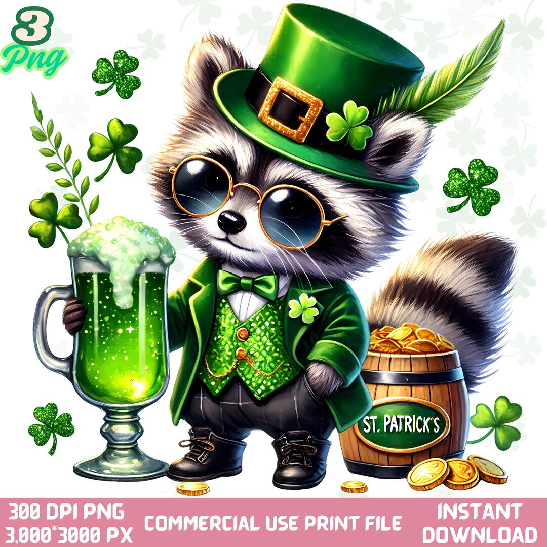 St. Patrick’s Day Raccoon Png, Cute Lucky Raccoon Clipart, Watercolor ...