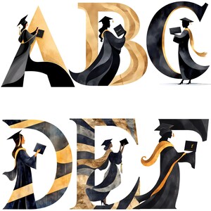 Graduation Letters and Numbers PNG | 36 Clipart A-Z 0-9 | Black Gold ...
