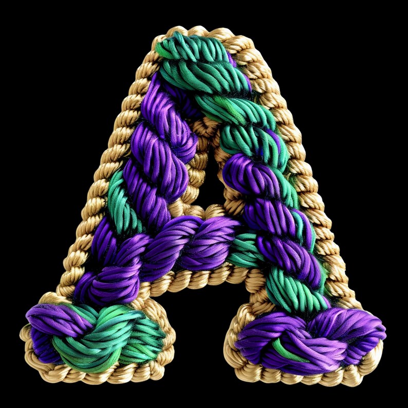 Faux Yarn Mardi Gras Alphabet PNG, 3D Braided Rope Letters and Numbers ...