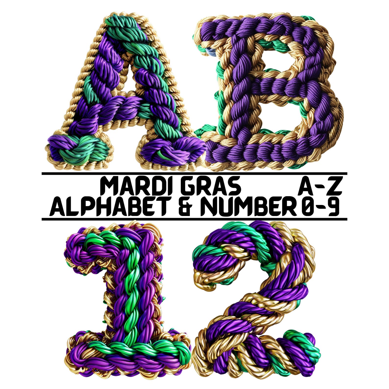 Faux Yarn Mardi Gras Alphabet PNG, 3D Braided Rope Letters and Numbers ...