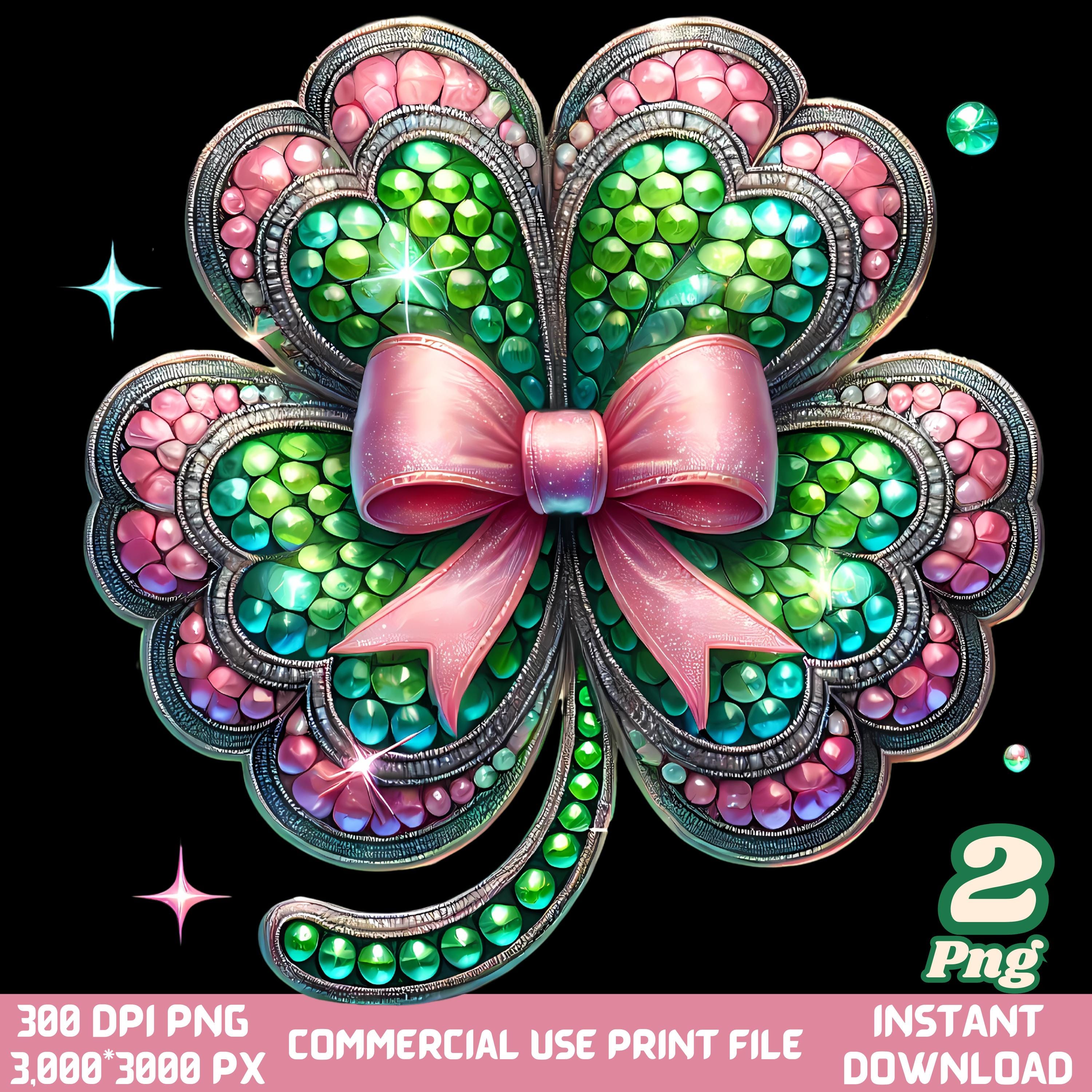 Sequin Shamrock Clipart, Watercolor Clover With Pink Bow, Sublimation ...