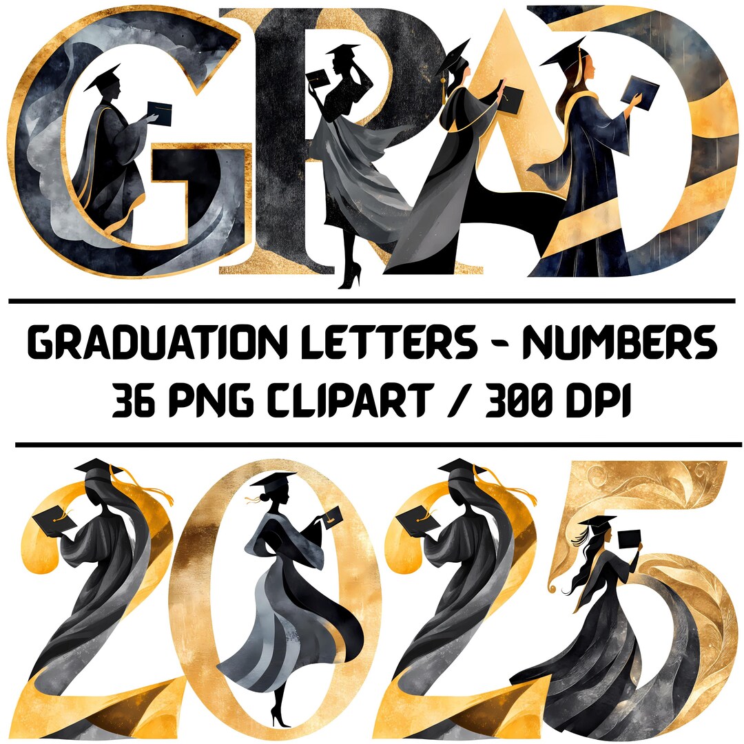Graduation Letters and Numbers PNG | 36 Clipart A-Z 0-9 | Black Gold ...