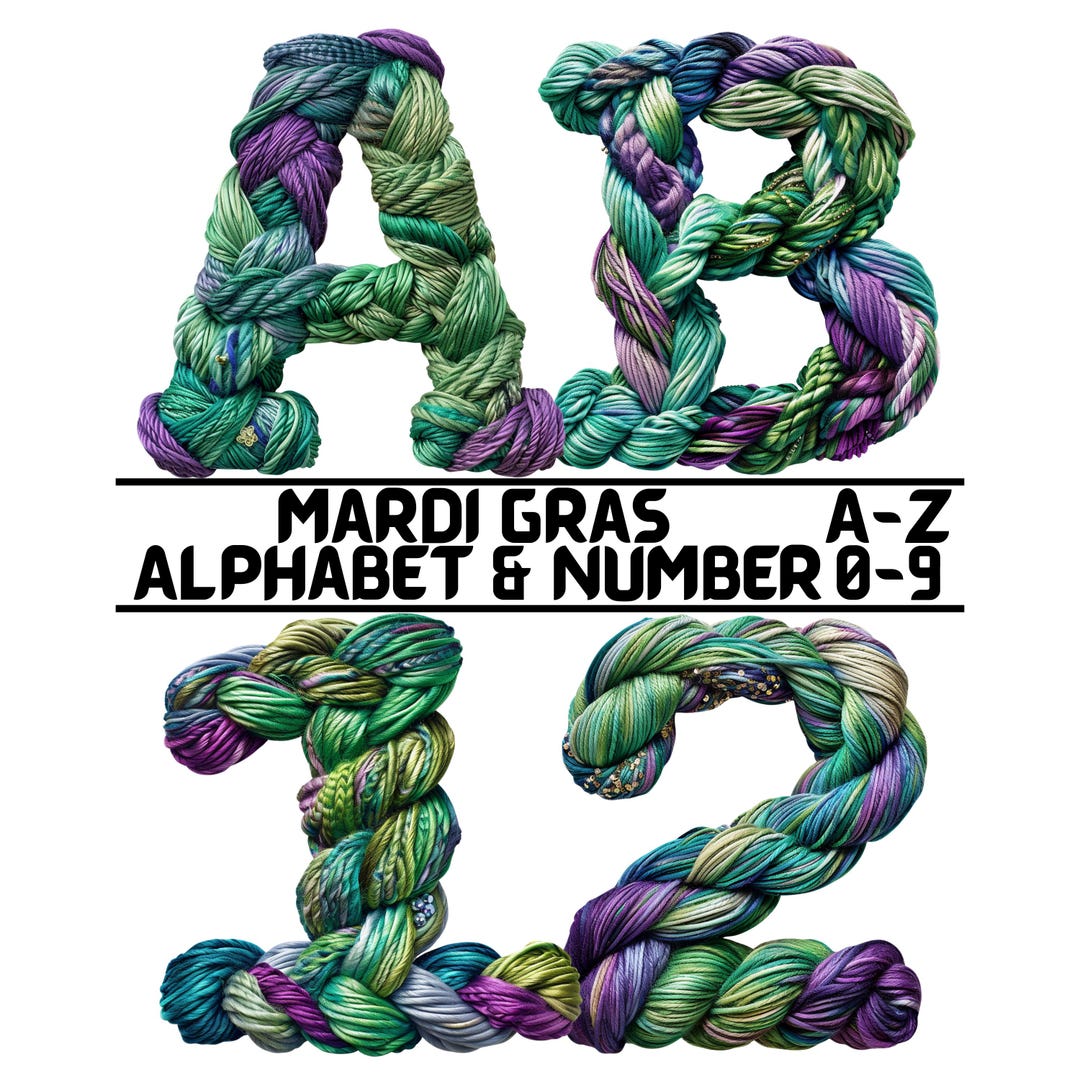 Mardi Gras Alphabet PNG A-Z & Numbers 0-9, Faux Yarn Rope Letters ...