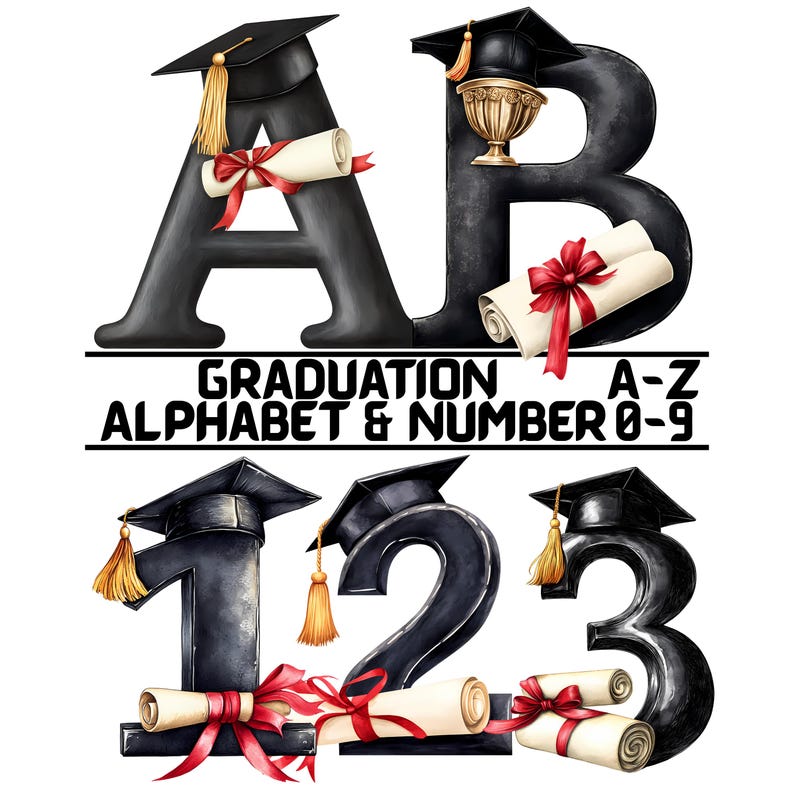 Graduation Alphabet Clipart PNG Bundle, Black Gold Letters Numbers ...
