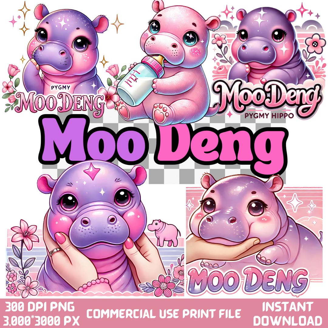 Moo Deng Set of 5 Watercolor Cartoon Png, Pygmy Hippo Png, Bundle Png ...