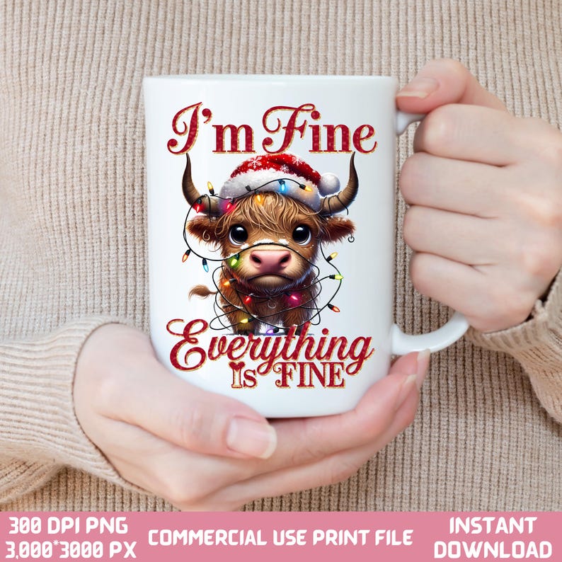 Funny Highland Cow Christmas PNG, Santa Hat, Christmas Lights ...