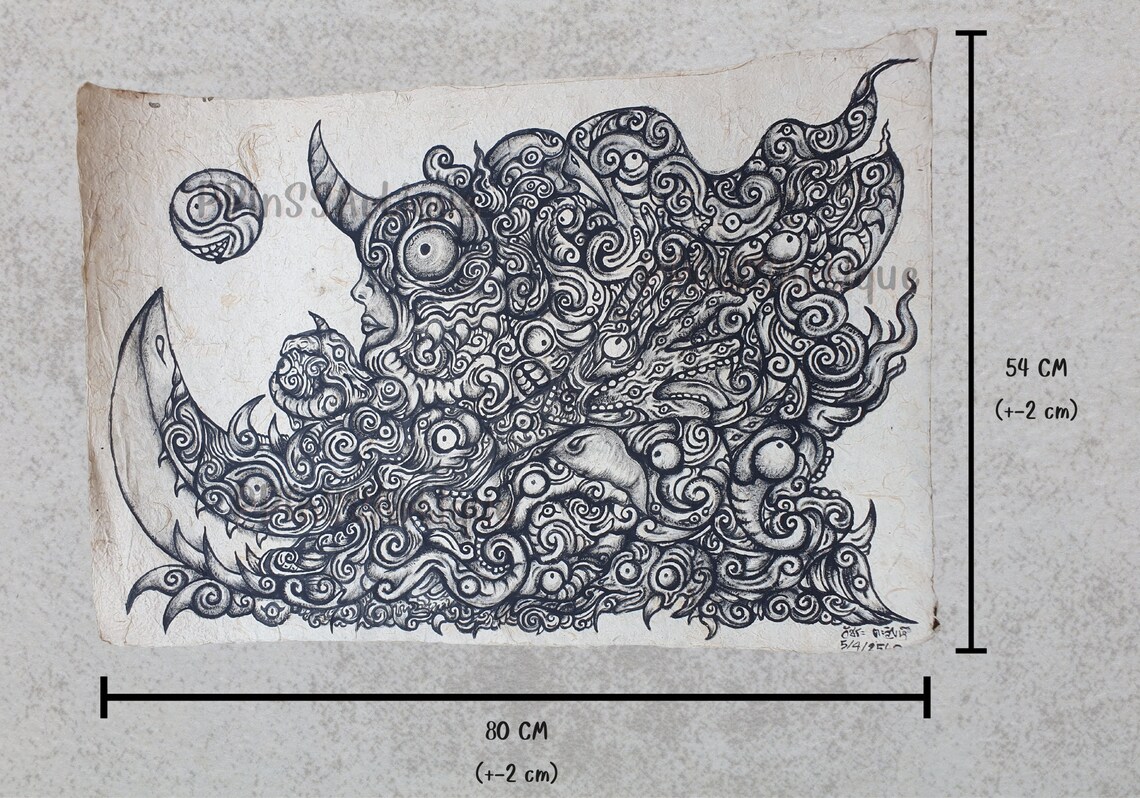 Line Drawing on Mulberry Paper, Acrylic Color Painting, Ppinssartique ...