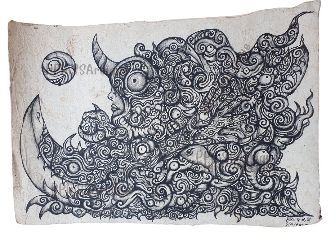 Line Drawing on Mulberry Paper, Acrylic Color Painting, Ppinssartique ...