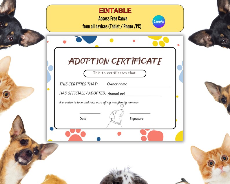 Editable Adoption Dog Certificate Template, Adopt a Pet Puppy ...