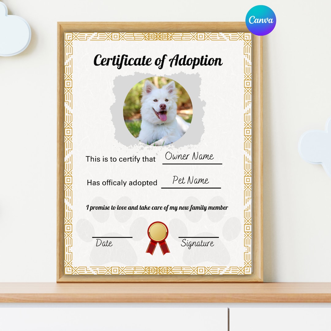 Editable Certificate of Adoption , Canva Template , Adopt a Pet Puppy ...