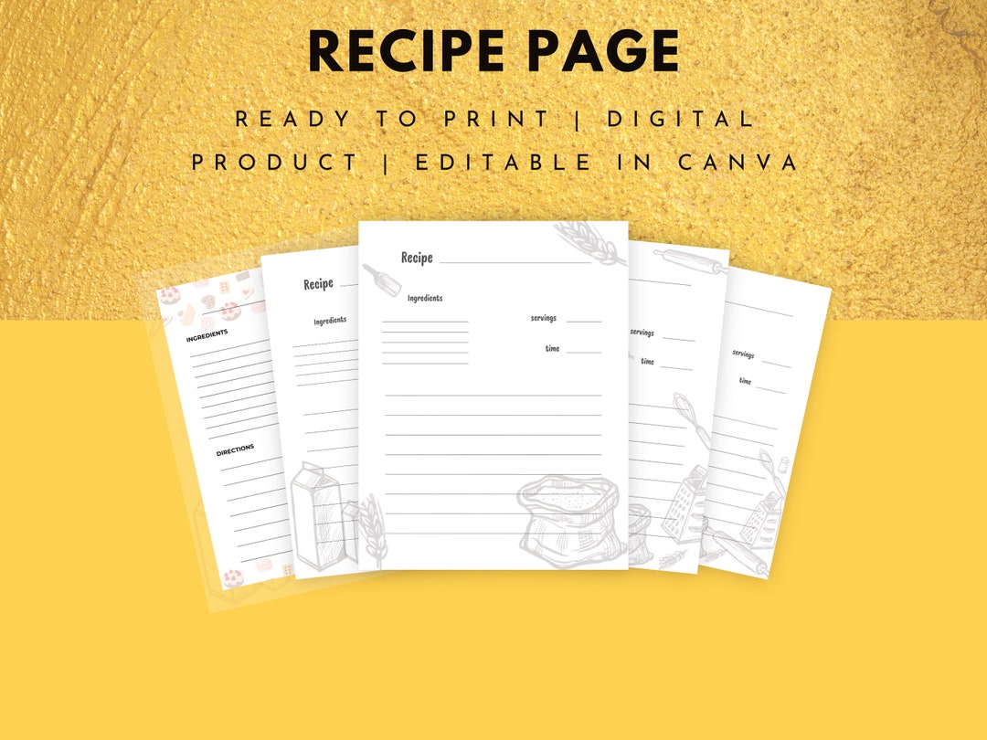 Digital Recipe Card, Recipe Book Template, Editable Cookbook, Printable ...