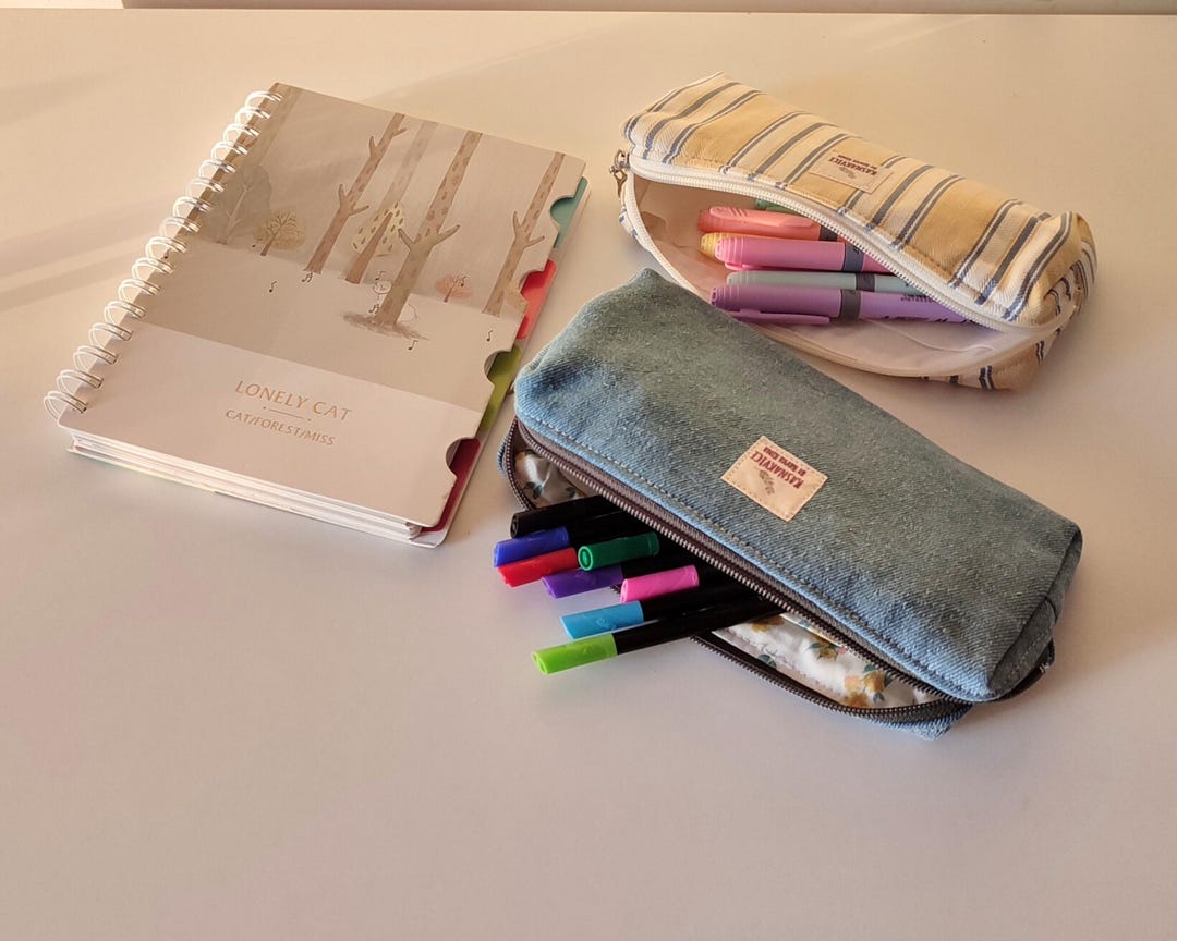 Handmade Linen Denim Pencil Case: Dual Pocket Pen Holder - Etsy
