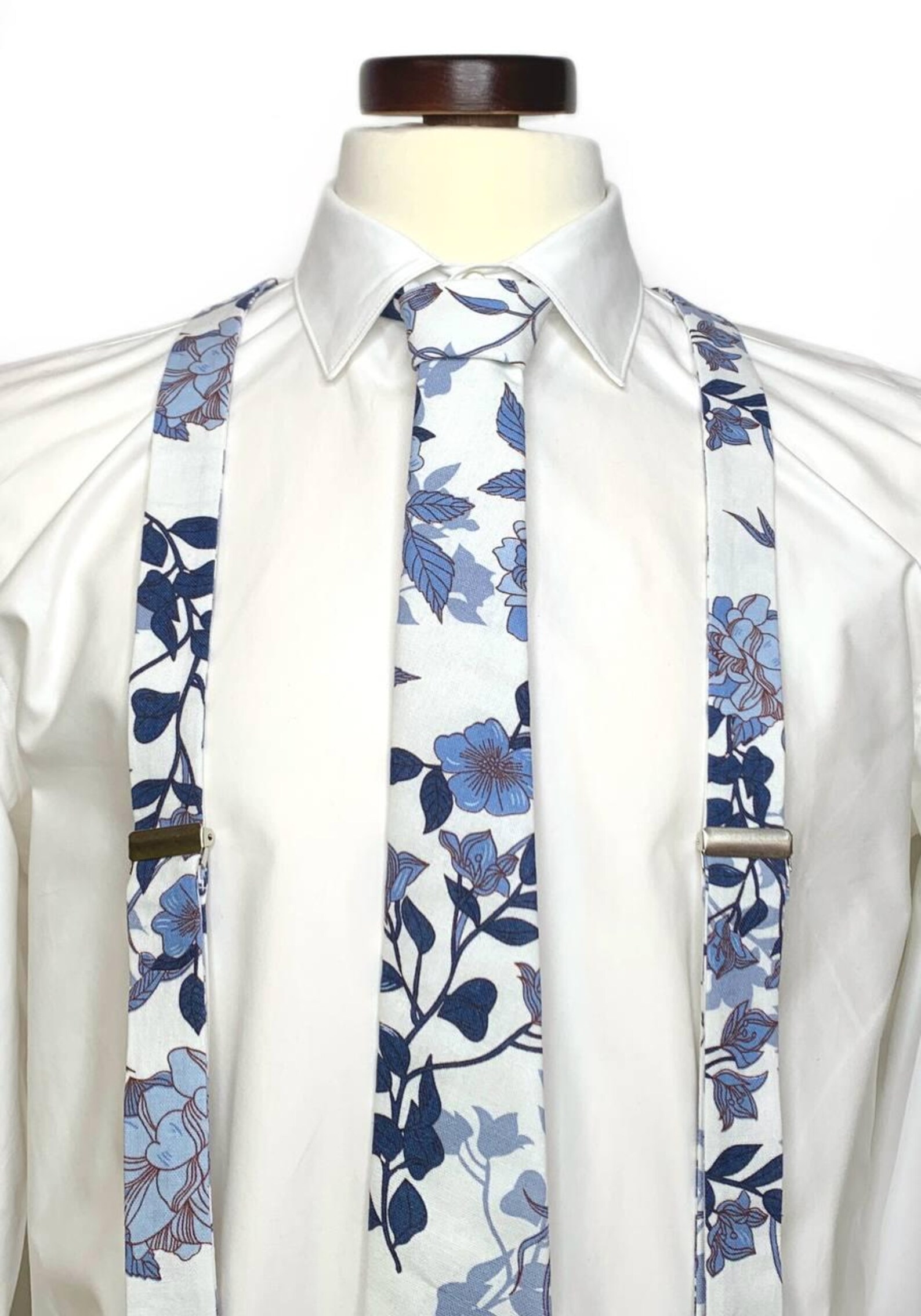 DUSTY BLUE Floral Necktie , White Floral Tie, Blue Wedding Necktie , Bow Tie , Suspenders ...