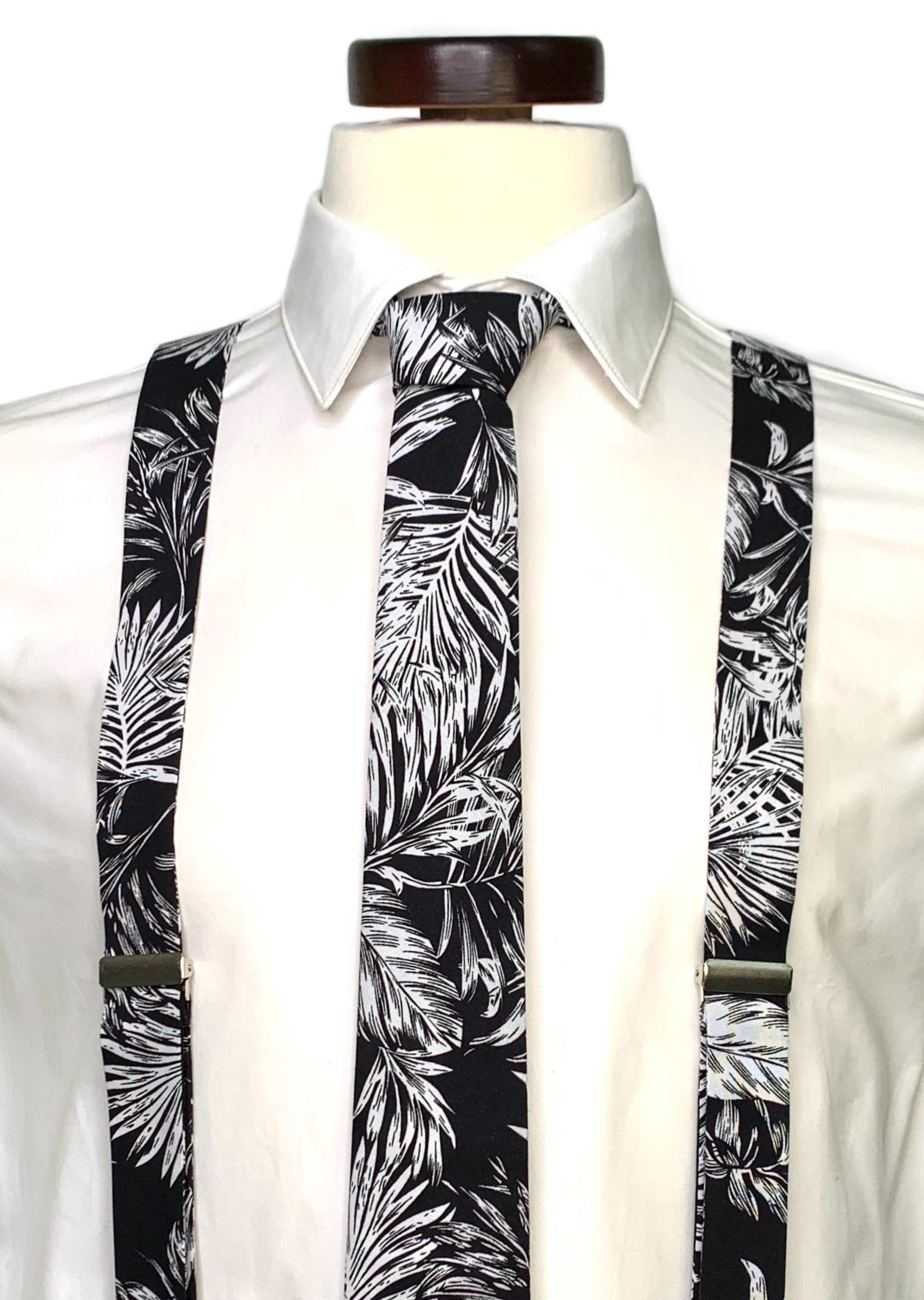 Tropical Black and White Floral Necktie , Hawaiian Palm Leaf Floral Tie ...