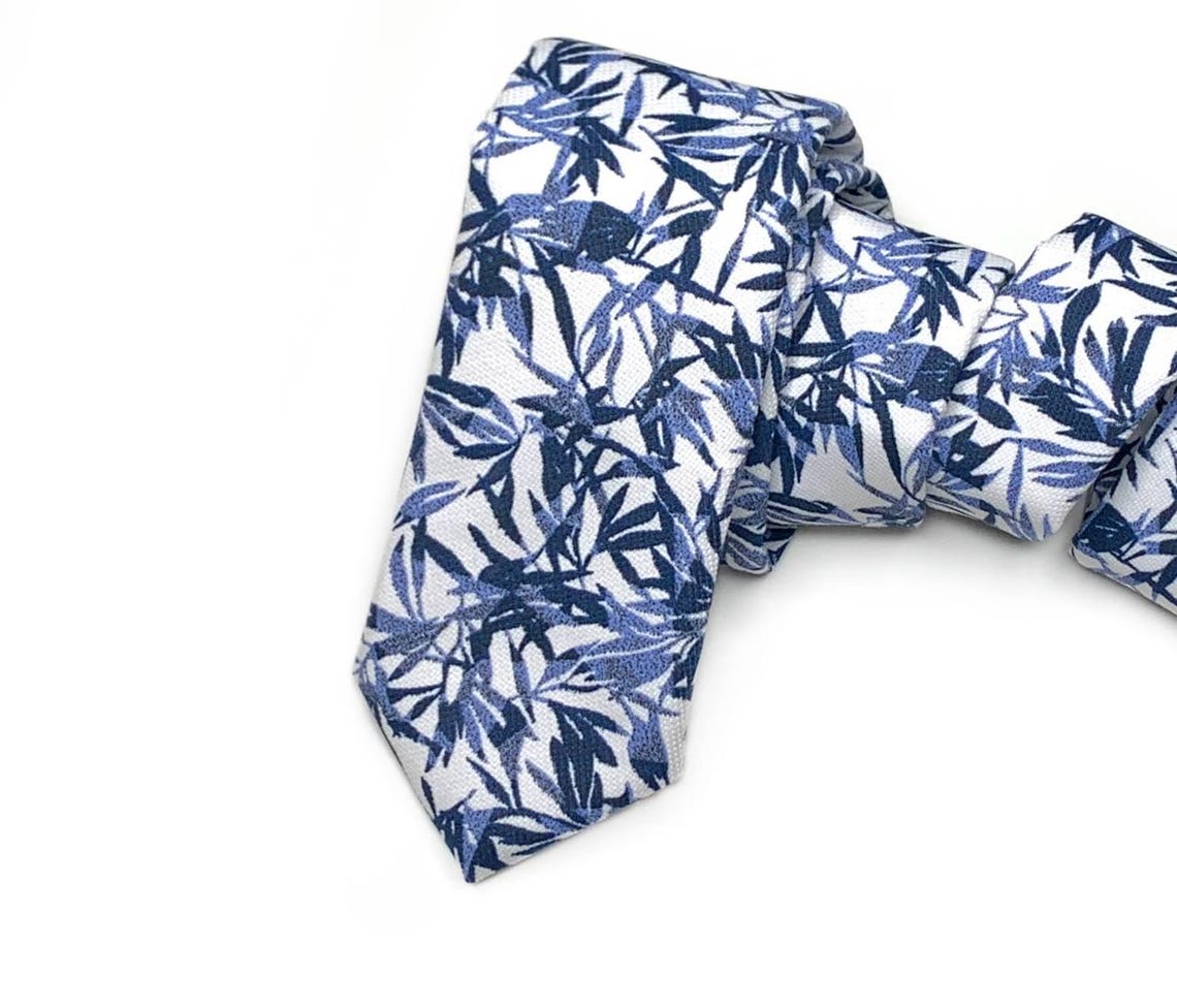 Navy Blue Tropical Floral Necktie , Hawaiian Palm Leaf Tie, Wedding ...