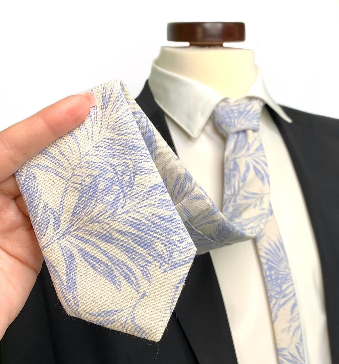 Cream Tropical Floral Necktie , Dusty Blue Floral , Hawaiian Palm Leaf ...