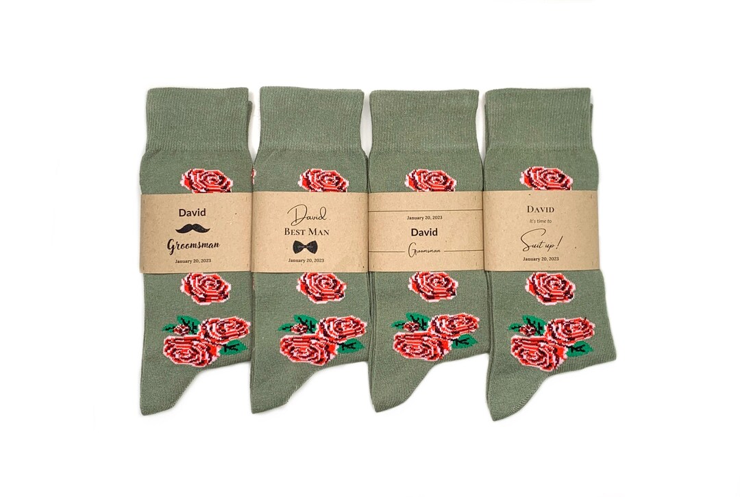 Floral Sage Green Personalized Groomsmen Socks in Red Roses , Dusty ...