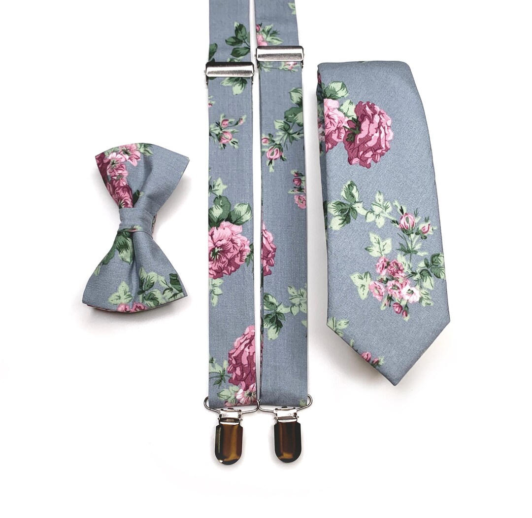 WHISPER BLUE Floral Tie, Dusty Blue Floral Necktie , Wedding Necktie , Bow Tie , Suspenders ...