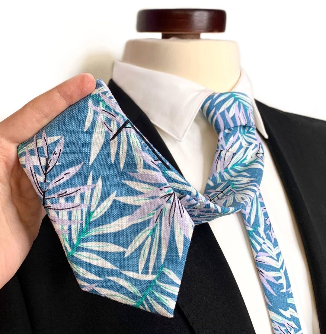 Blue Tropical Floral Necktie , Hawaiian Palm Leaf Floral Tie, Wedding ...