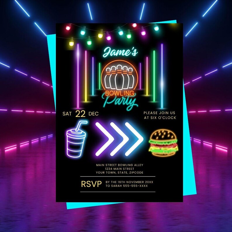 Neon Bowling Birthday Party Invitation Template Digital Download ...
