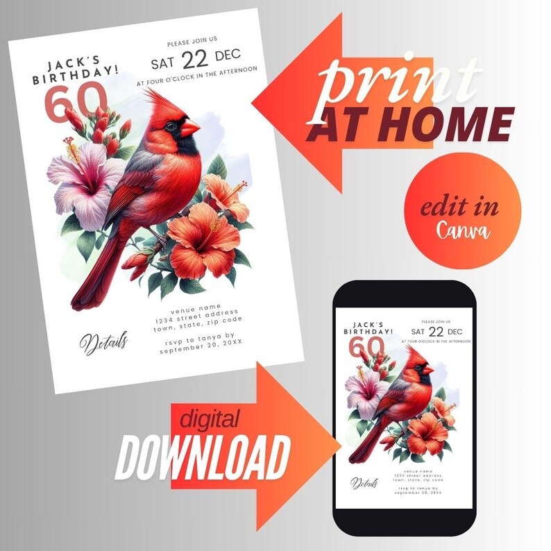 Red Cardinal Invitation Digital Download Printable 60th Birthday Invite ...