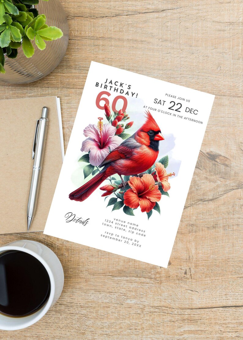 Red Cardinal Invitation Digital Download Printable 60th Birthday Invite ...