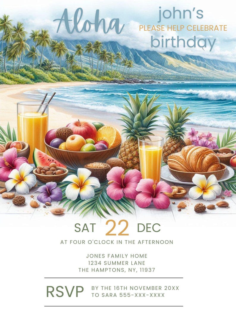 Hawaiian Island Birthday Invitation Digital Download Printable Tropical ...