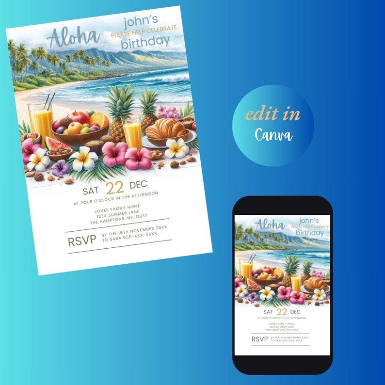 Hawaiian Island Birthday Invitation Digital Download Printable Tropical ...