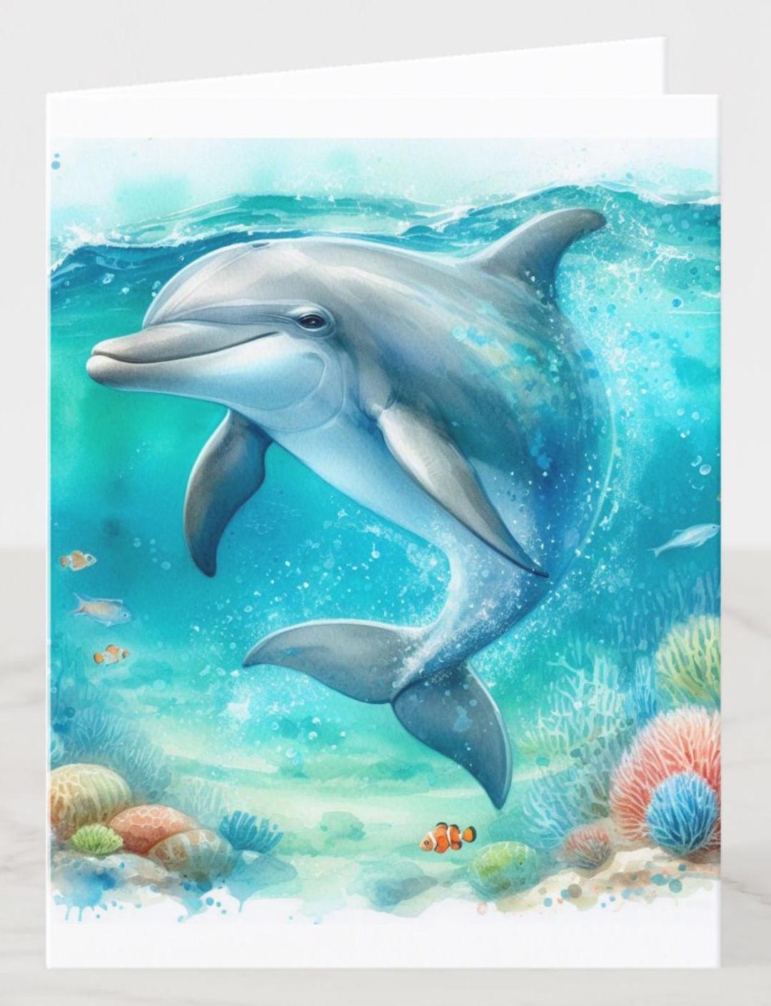 Folded Blank Dolphin Note Card With Envelope - Art Card - Stationery - Etsy
