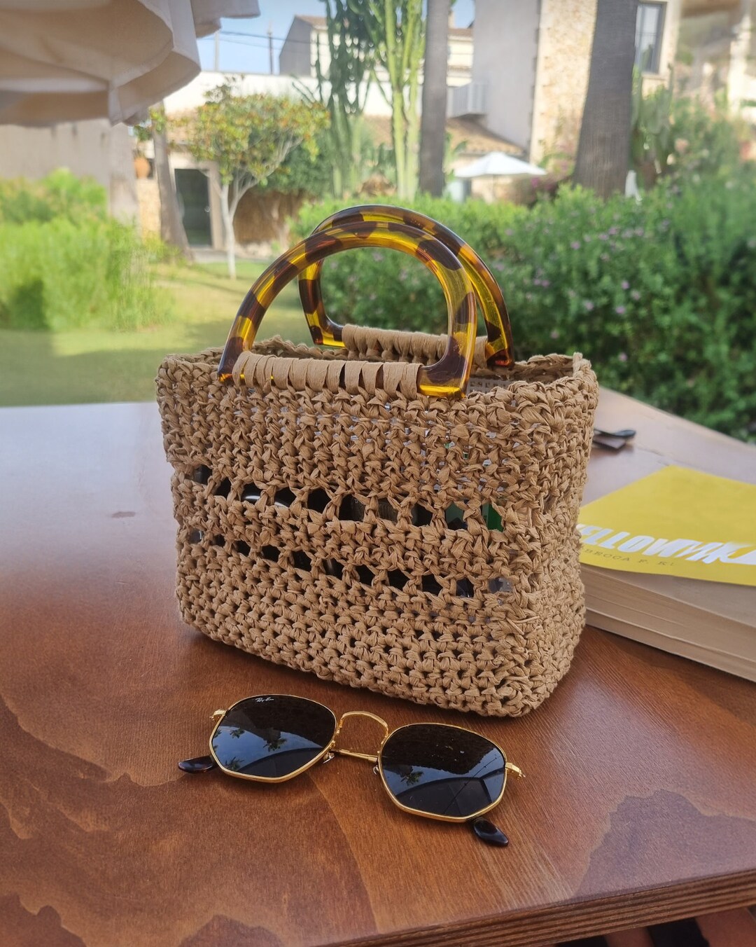 Handmade Raffia Crochet Bag: Tortoise Shell Handle Boho Purse - Etsy