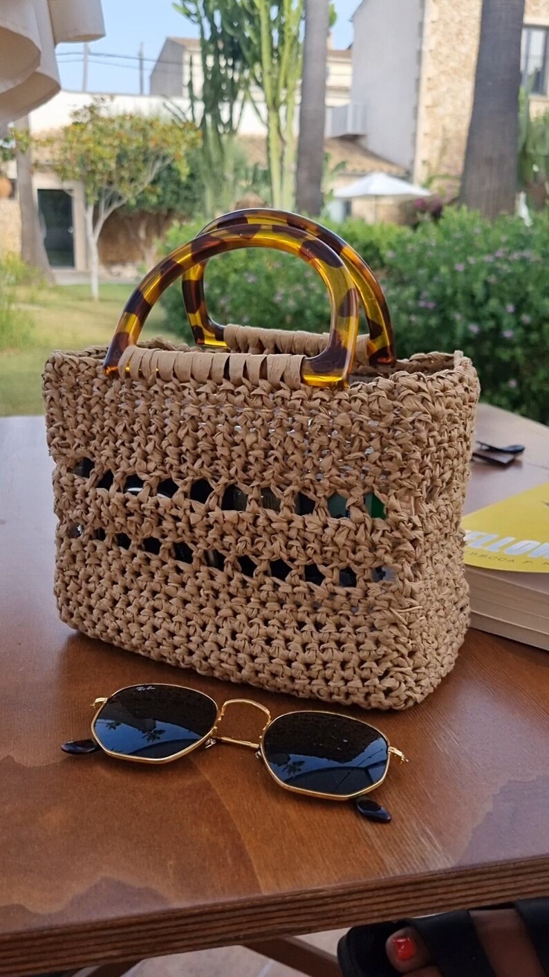 The Lucia - Handmade Raffia Tortoise Shell Top Handle Crochet Bag, Boho ...