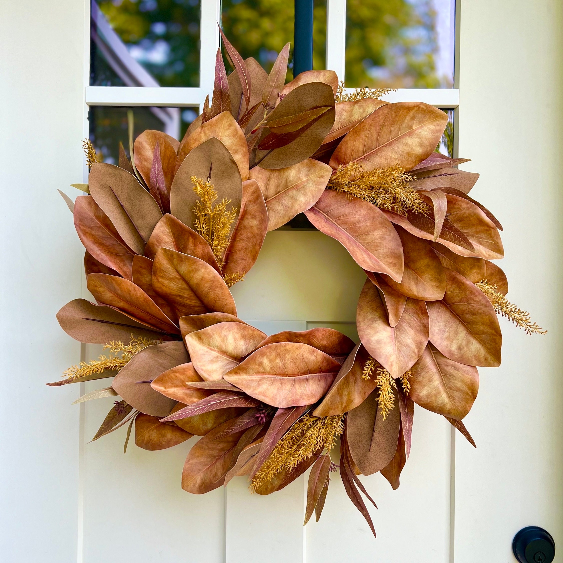 Fall Magnolia Wreath Front Door Faux Magnolia Rust Orange and Brown ...