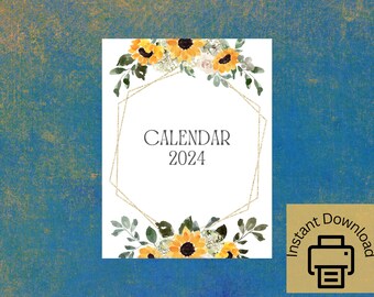 2024 Dated Calendar Pages, Sunflower Themed 2024 Calendar Pages ...