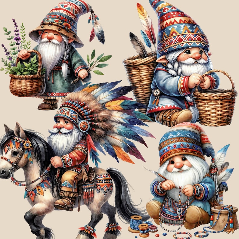 Native American Gnome Clipart, Watercolor Tribal Gnome PNG (digital ...