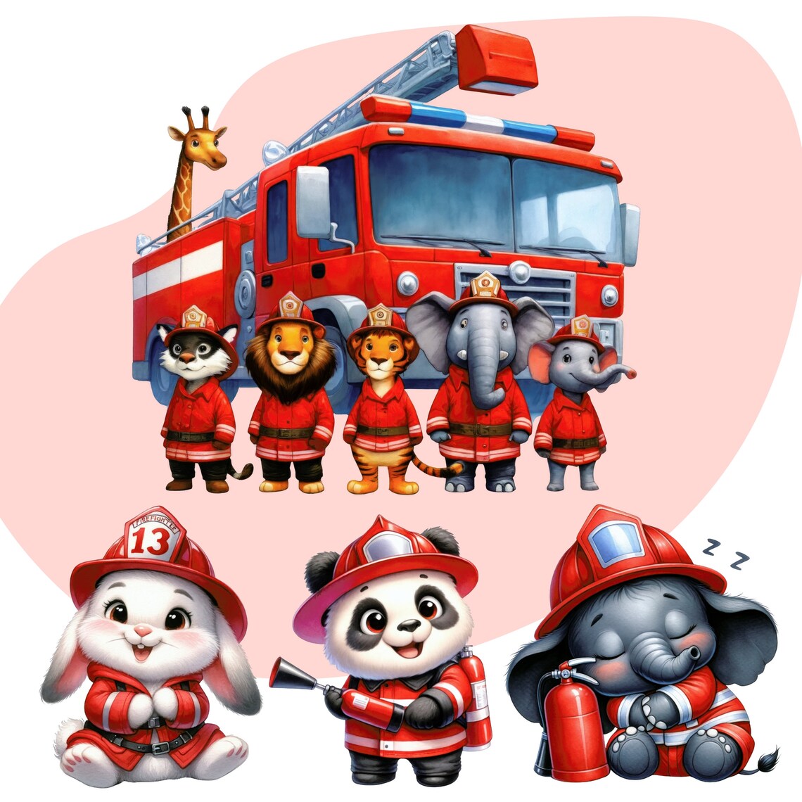 Watercolor Firefighter Cute Animal Clipart Animal PNG Pet Fire Safety ...