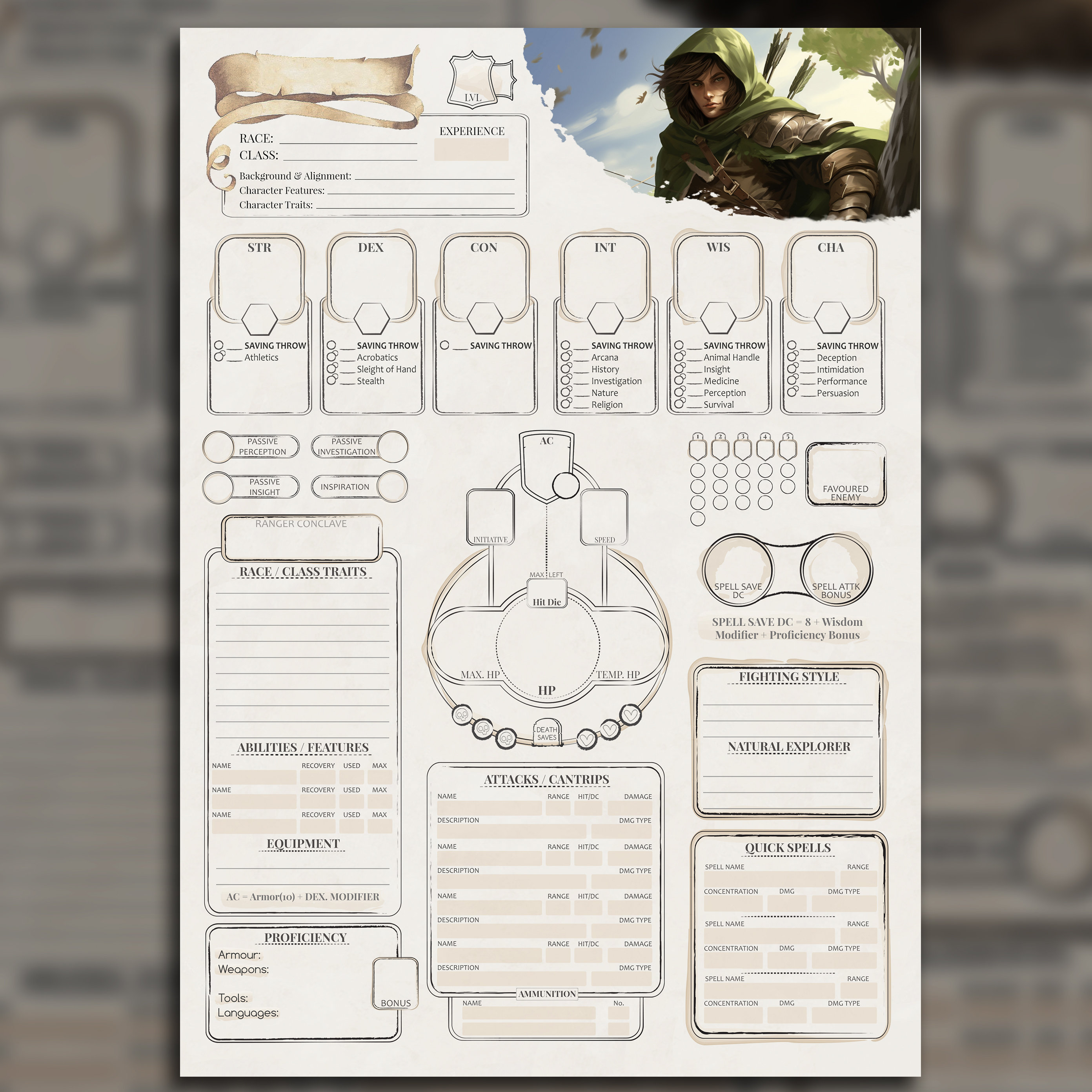 Dnd 5e Ranger Character Sheet: High Quality Fillable PDF for 5th Edition Dungeons and Dragons ...